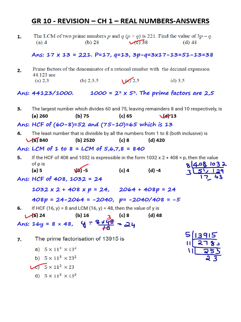 GR 10 - CH 1 - Real Numbers-Answers | Download Free PDF | Discrete ...