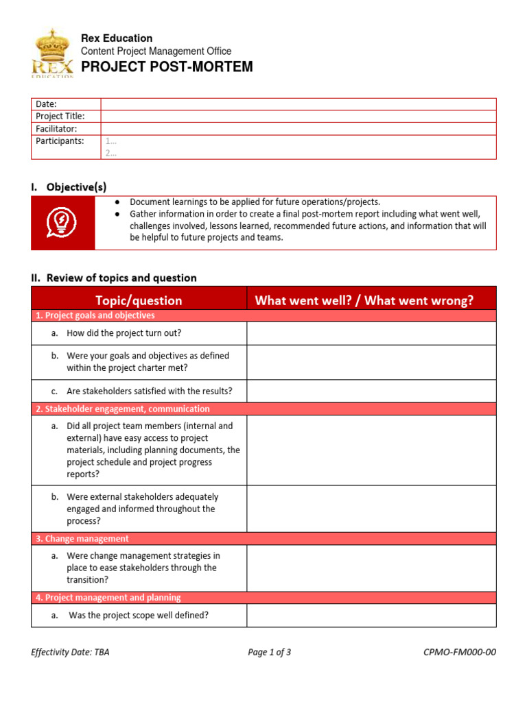 CPM-FM000-00 - Project Post-Mortem - OPEN | PDF | Project Management | Change Management