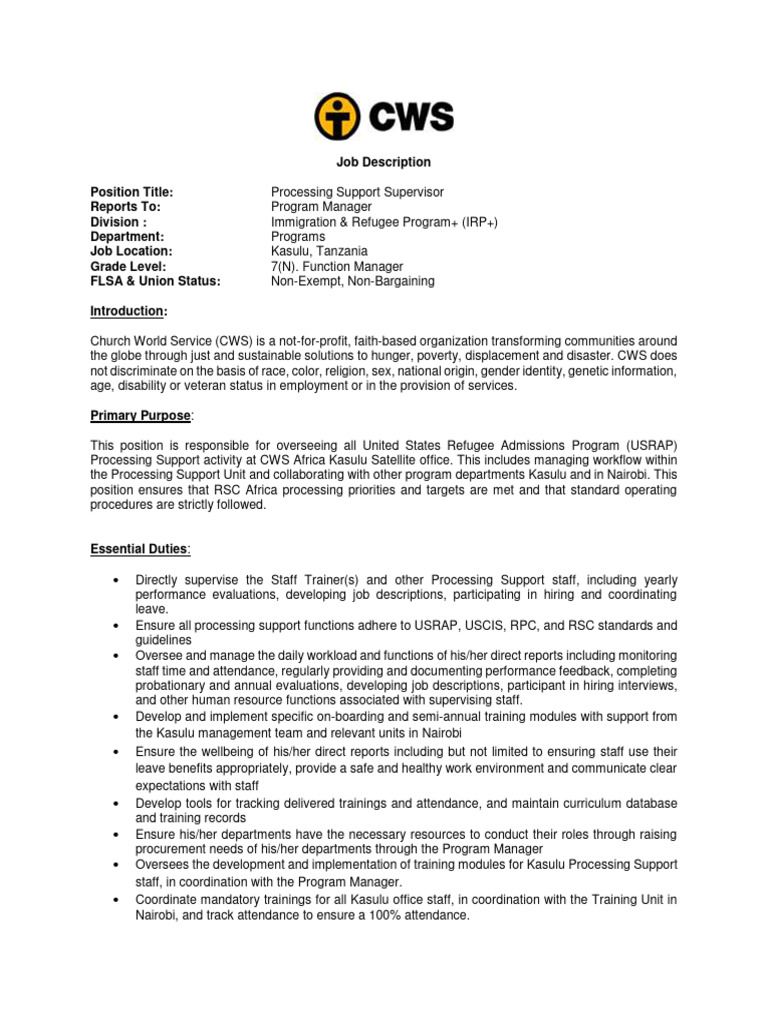 Processing Support Supervisor JD (N) TZ FY22 | PDF | Social Science