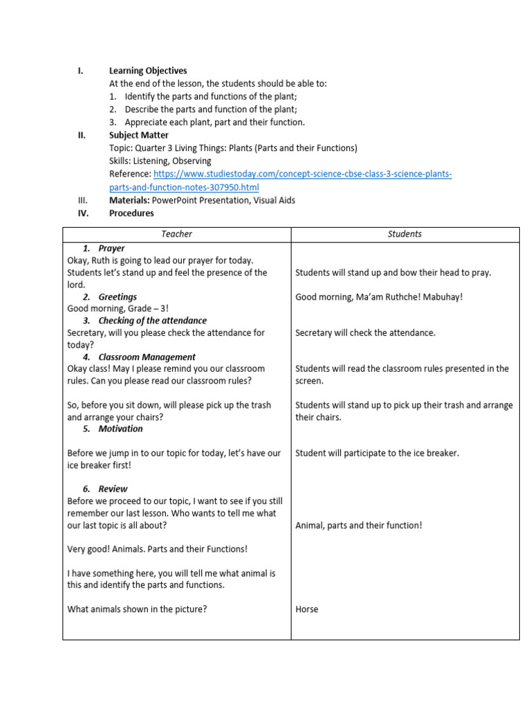 Finalgrade 3 Lesson Plan Plant Parts and Their Functions | PDF | Leaf ...