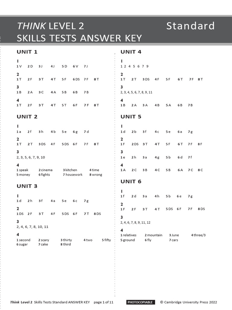 Thk2e BrE L2 Skills Test Standard Answer Key | PDF | Vocabulary | Grammar