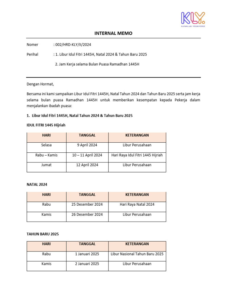 Internal Memo Libur Lebaran 1445 H, Natal 2024, Ta - 240309 - 102207 | PDF