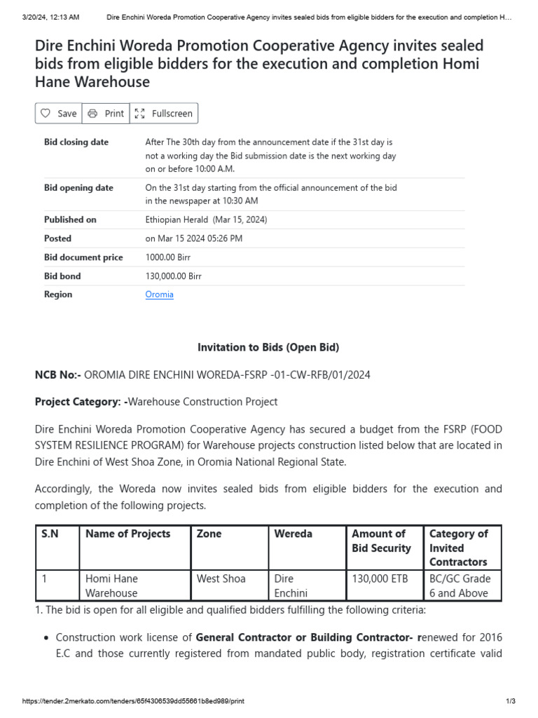 Dire Enchini Warehouse Construction Bid | PDF | Auction