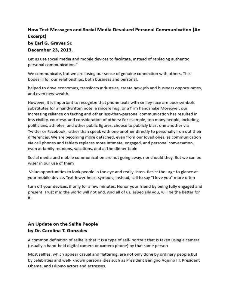 Impact of Texts on Personal Communication | PDF | Selfie | Narcissism