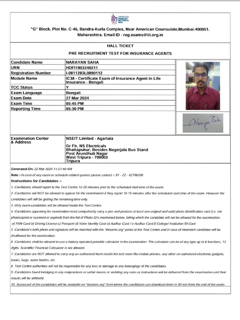 IRDA EXAM ADMIT 29-Mar-2024 19-11-51 | PDF