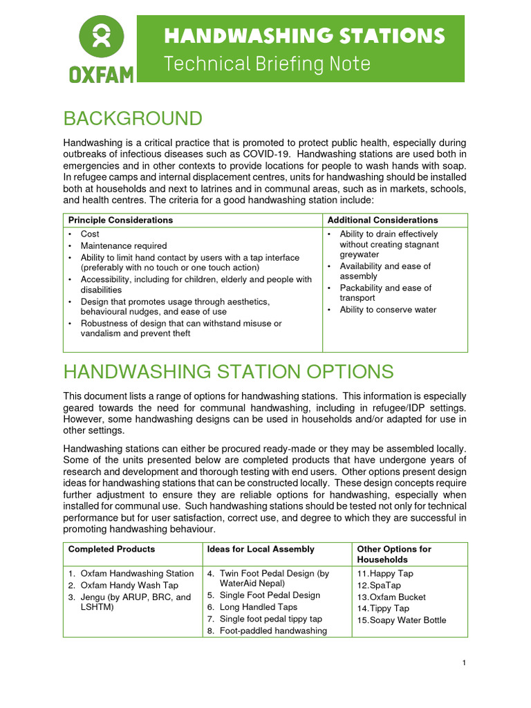 Handwashing Stations Technical Brief | PDF | Hand Washing | Wash