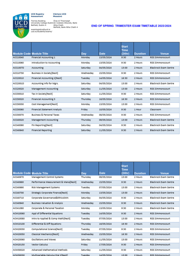 Confirmed 2023 2024 End of Spring Trimester Exam Timetable | PDF | Economics | Mathematics