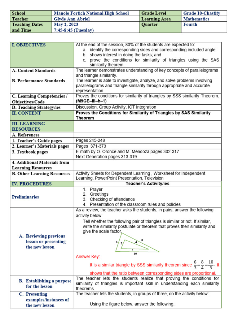 Mathematics 9 Sas Similarity Theorem Pdf Geometry Elementary Mathematics