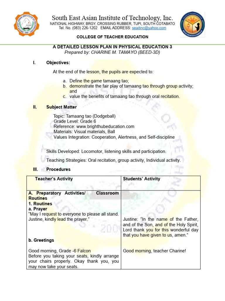A Detailed Lesson Plan in Physical Education 3 | PDF | Lesson Plan | Behavior Modification