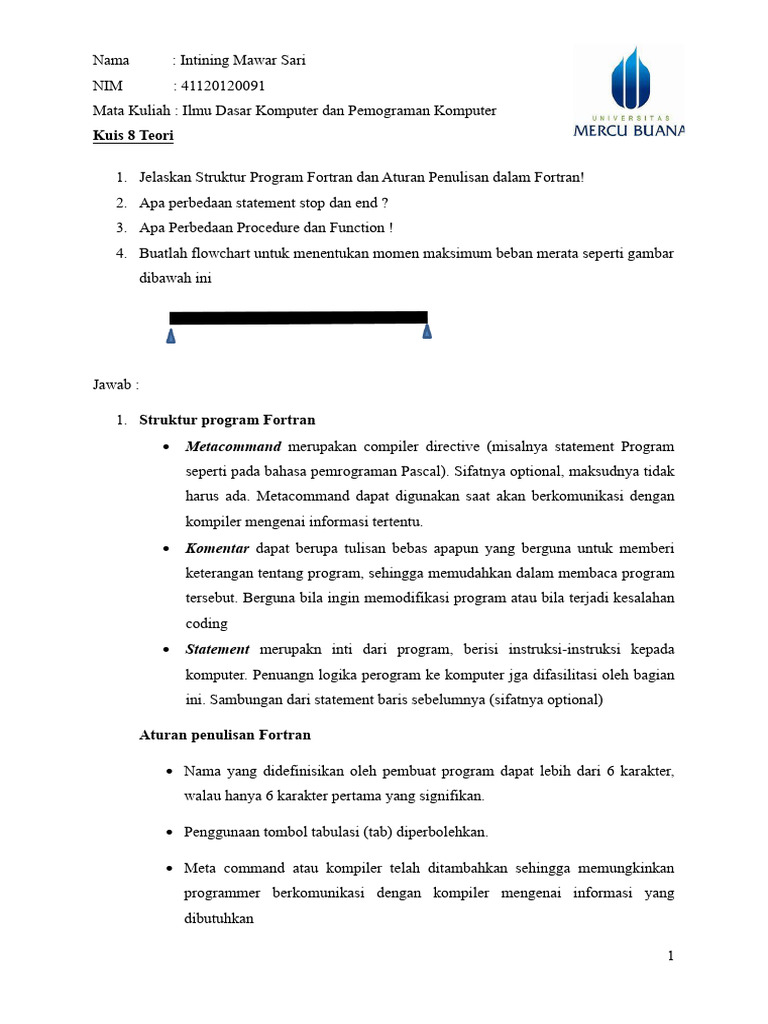 Kuis 8 - Teori Ilmu Dasar Computer Dan Pemograman COmputer - Intining Mawar Sari - 41120120091 | PDF