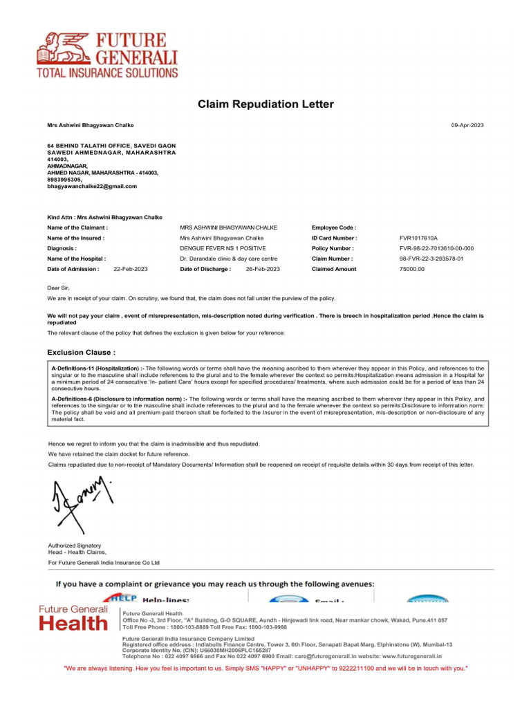 Claim Repudiation Letter 9689554 | PDF