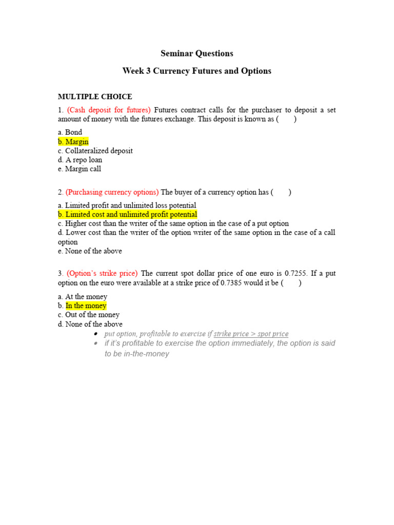 Week 3 Seminar Questions | PDF | Option (Finance) | Futures Contract
