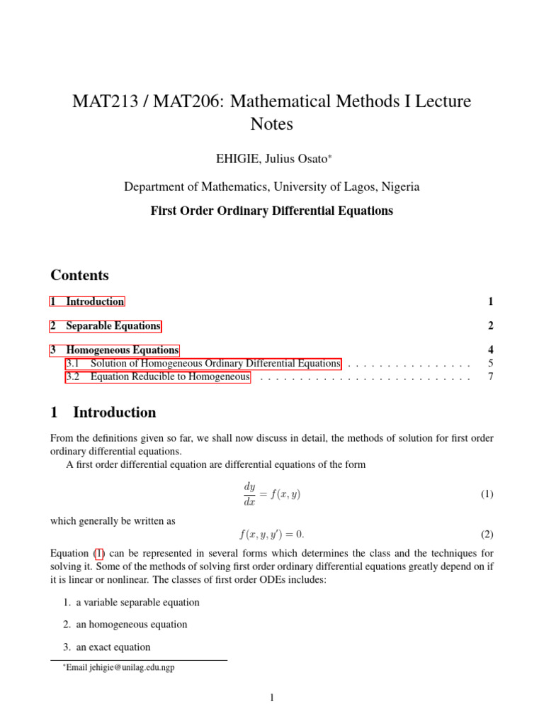 First Order Ordinary Differential Equations Pdf Differential Equations Equations