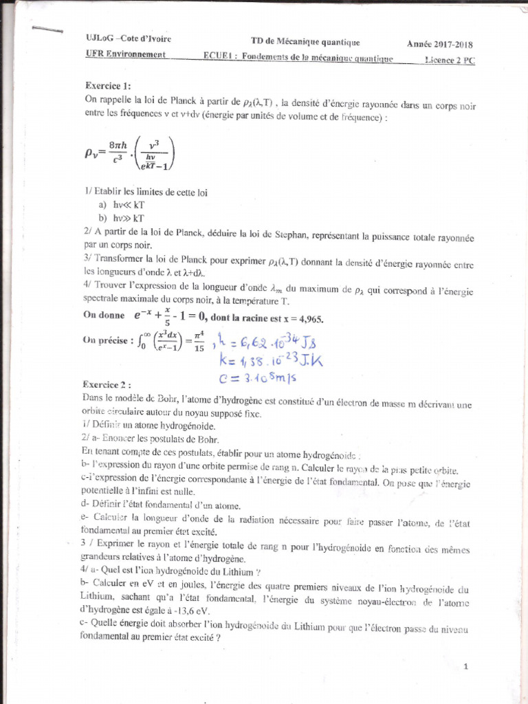 Fiche TD Mecanique Quantique | PDF