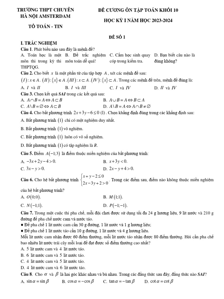 Toán 10-Đề Cương Hk1 23-24 | PDF