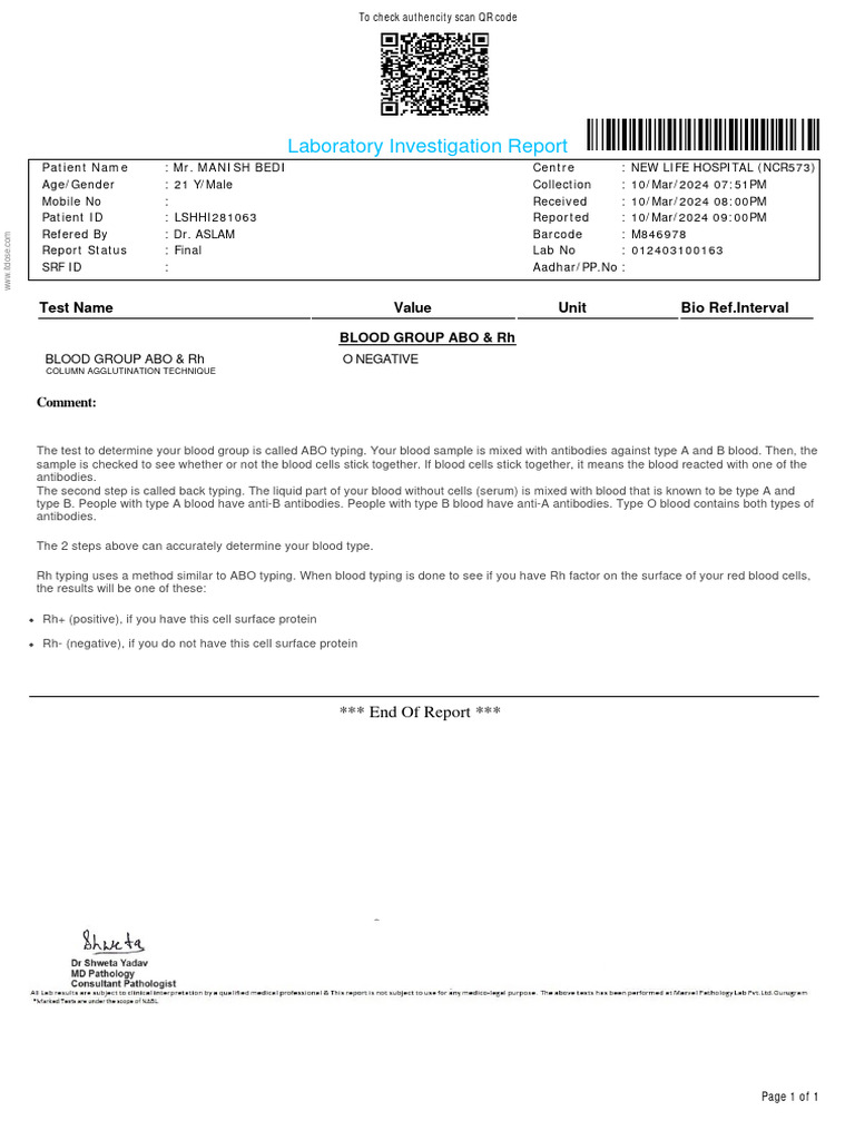 Labreportnew - 2024-03-11T092111.316 | PDF | Blood Type | Immunology