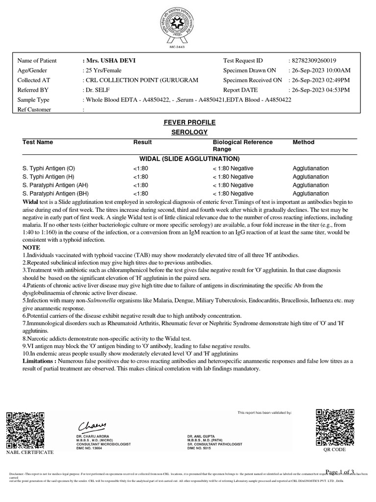 Widal Test and CBC Results for Fever | PDF | Serology | Blood