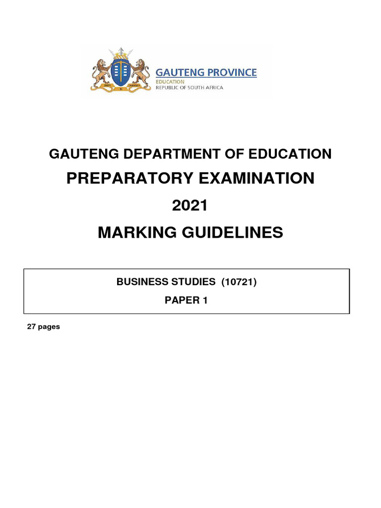 Grade 12 NSC Business Studies P1 (English) 2021 Preparatory Examination ...