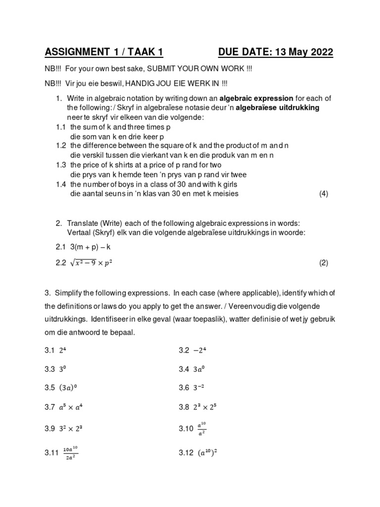 BTMG 511 Assignment 1 Due Date 13-5-2022 | PDF | Algebra