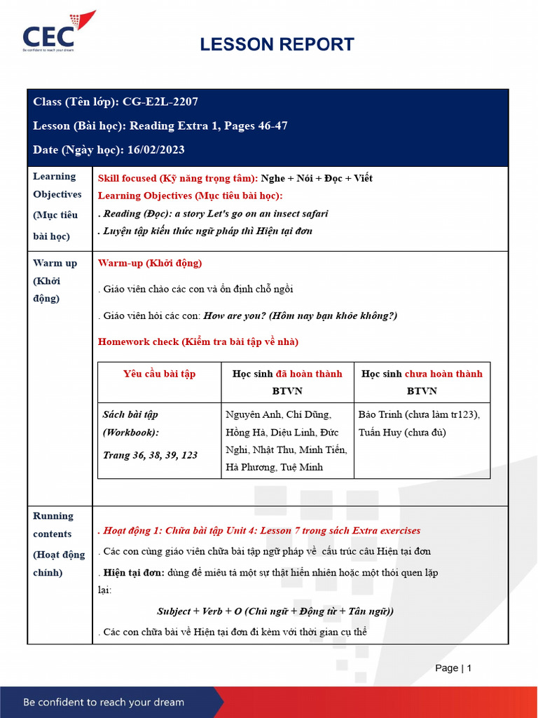 Lesson Report - CG-E2L-2206 - 16.02.2023 | PDF