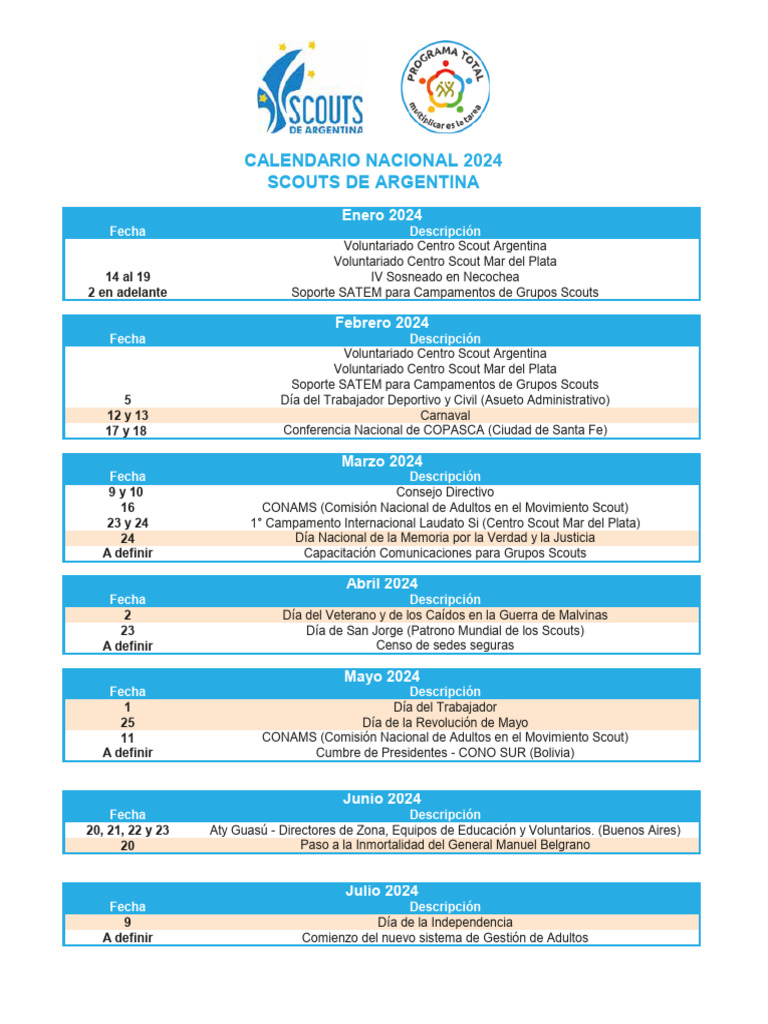 Calendario Nacional 2024 - Scouts de Argentina | PDF | Exploración ...
