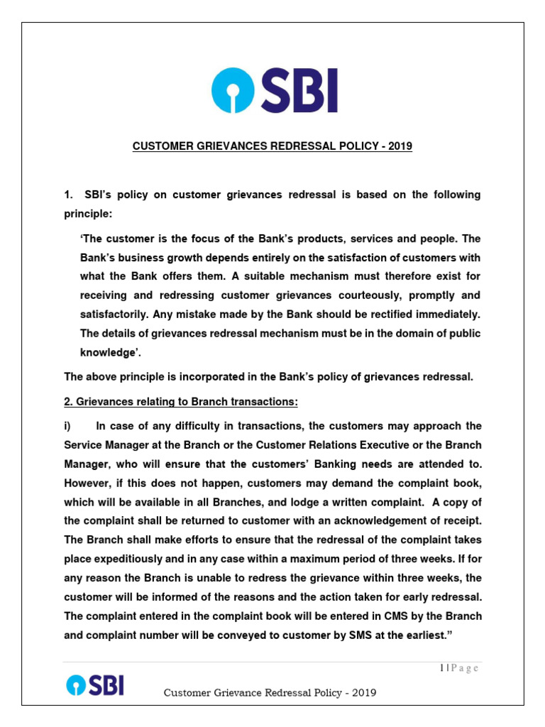Customer Grievance Redressal Policy - 2019 | PDF | Banks | Online Banking