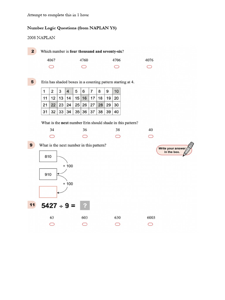Naplan Y5 Number Logic Questions | PDF