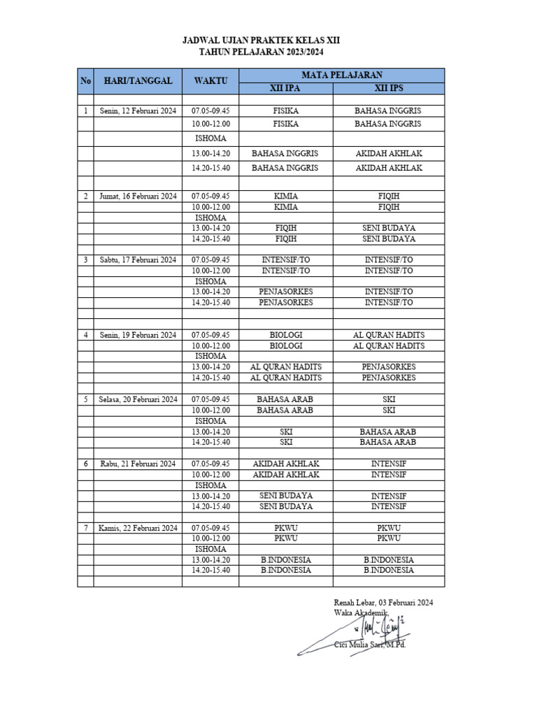 JADWAL Ujian Praktek 2024 | PDF