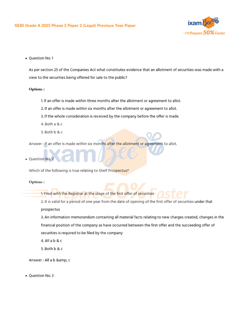 SEBI Grade A 2023 Phase 2 Paper 2 (Legal) Previous Year Paper | PDF ...