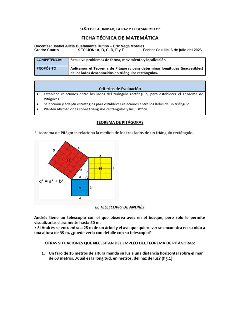Ficha Teorema de Pitágoras | PDF | Triángulo