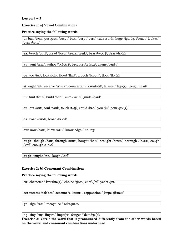 Lessons 4 + 5 Exercises | PDF | Phonetics | Linguistics