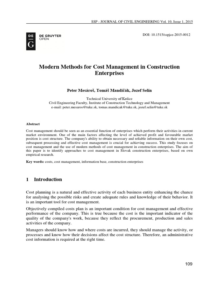 Modern Methods For Cost Management in Construction Enterprises | PDF | Cost Accounting | Survey ...
