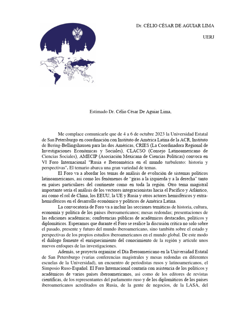 Invitacion Dr. CÉLIO CÉSAR DE AGUIAR LIMA | PDF | America latina