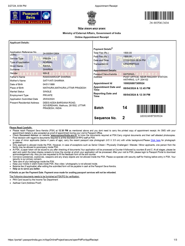 Appointment Receipt | PDF | Identity Document | Birth Certificate
