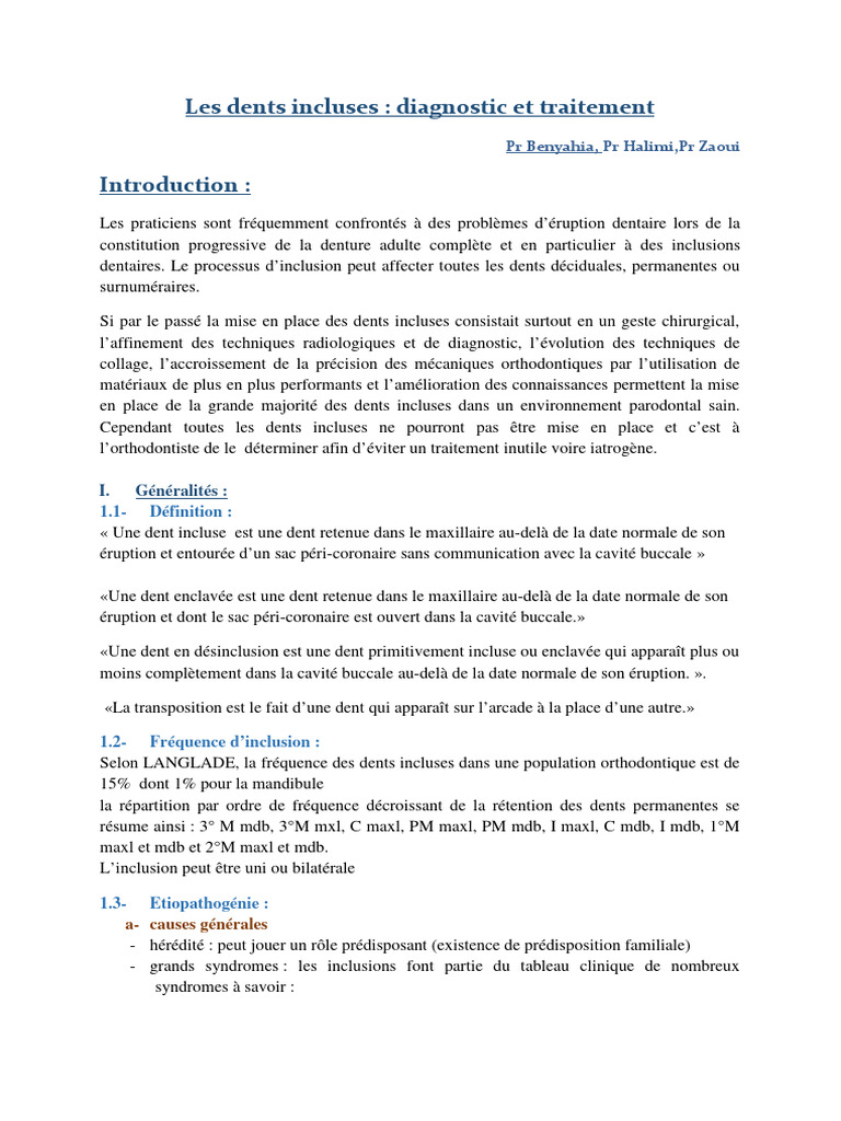 Les Dents Incluses Diagnostic, Traitement | PDF | Orthodontie | Dent
