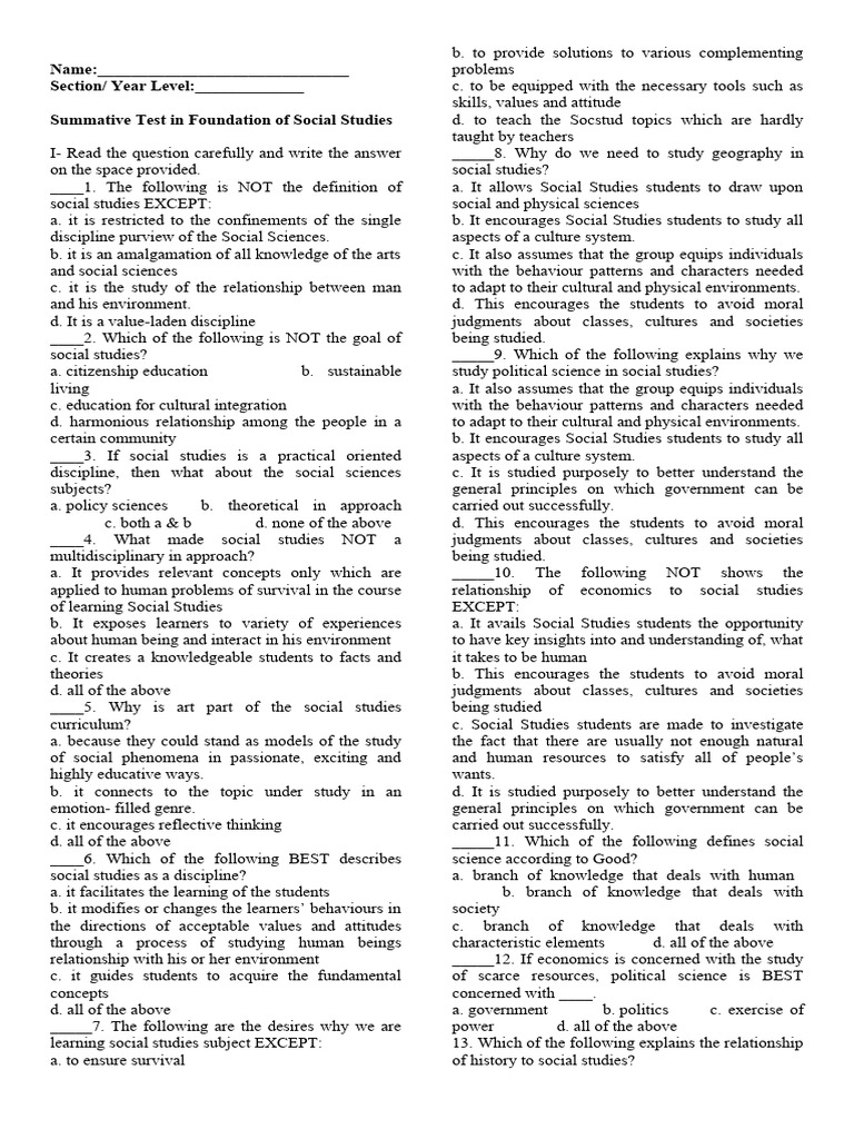 Summative Test in Foundation of Social Studies | PDF | Learning | Science
