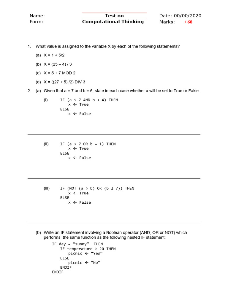 Assessment Test Algorithms | PDF | Control Flow | Parameter (Computer ...