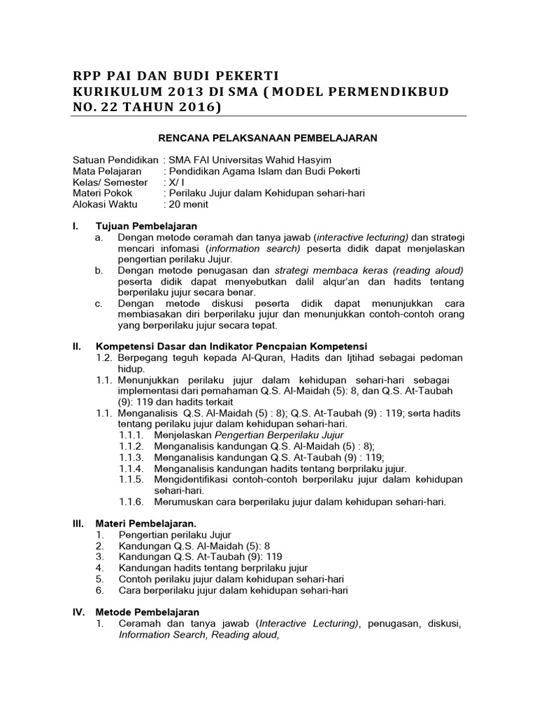 RPP Pai Dan Budi Pekerti | PDF | Karier & Perkembangan | Kesehatan Holistik