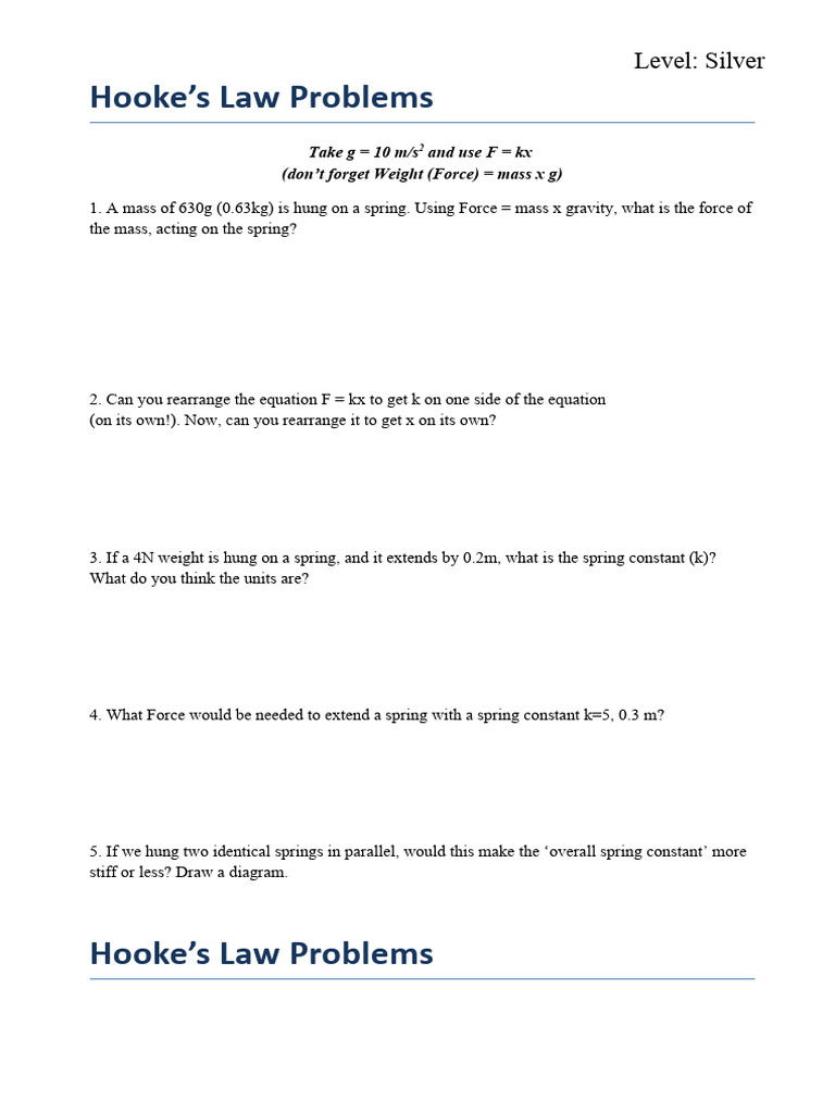 Hooke's Law Worksheet Easy | PDF