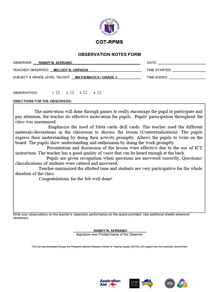 Classroom Observation Notes for Grade 3 Math | PDF