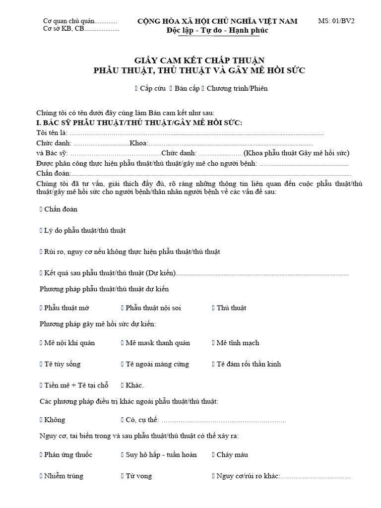 Giay Cam Ket Phau Thuat-Thu Thuat | PDF