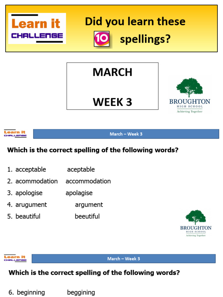Learn It Challenge - Mar 4 - Y7, Y8, Y9 - Test On Spelling Questions ...