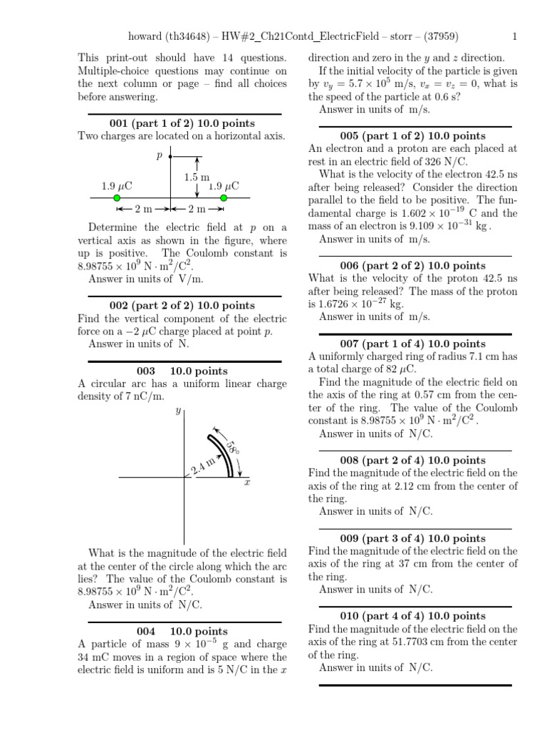 HW#2 Ch21Contd ElectricField-problems | PDF | Electric Field | Electron