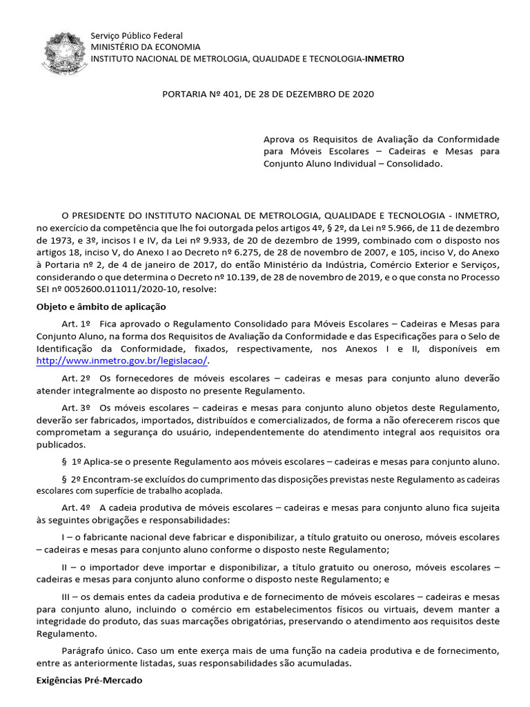 Portaria Inmetro 401 - 2020 - Móveis Escolares - Cadeiras e Mesas para ...