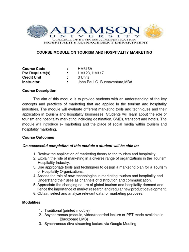 Tourism Hospitality MKTG - Module | PDF | Marketing | Sales