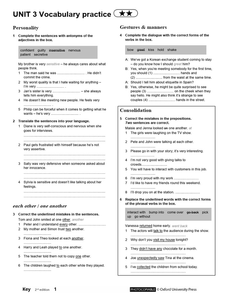 Key2e L1 Worksheets Vocabulary Unit 3 2star | PDF