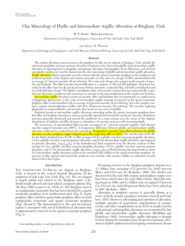 Clay Mineralogy of Phyllic and Intermediate Argillic Alteration at ...