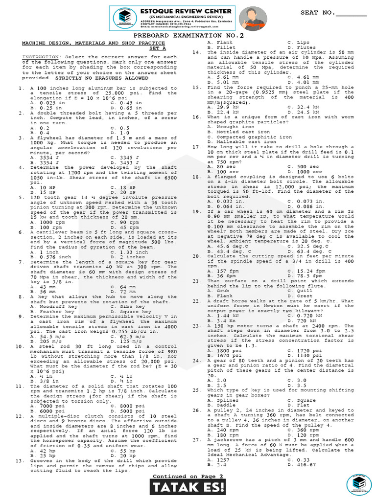Preboards 2 MDSP | PDF | Gear | Stress (Mechanics)