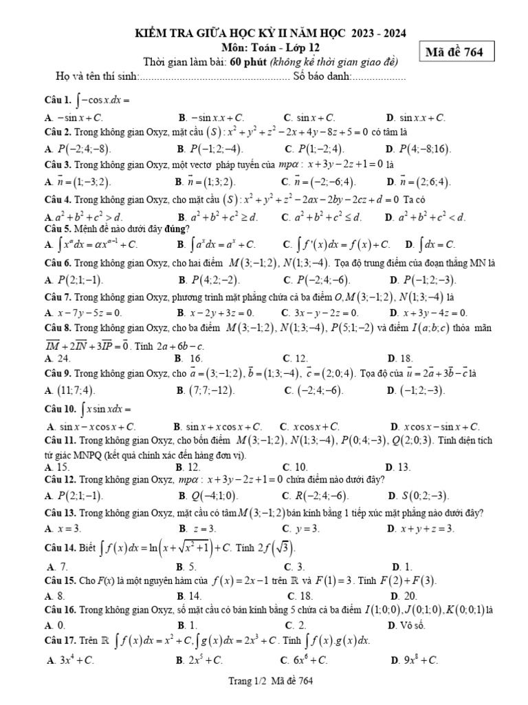 De Giua Ky 2 Toan 12 Nam 2023 2024 Truong THPT Nguyen Tat Thanh TP HCM | PDF