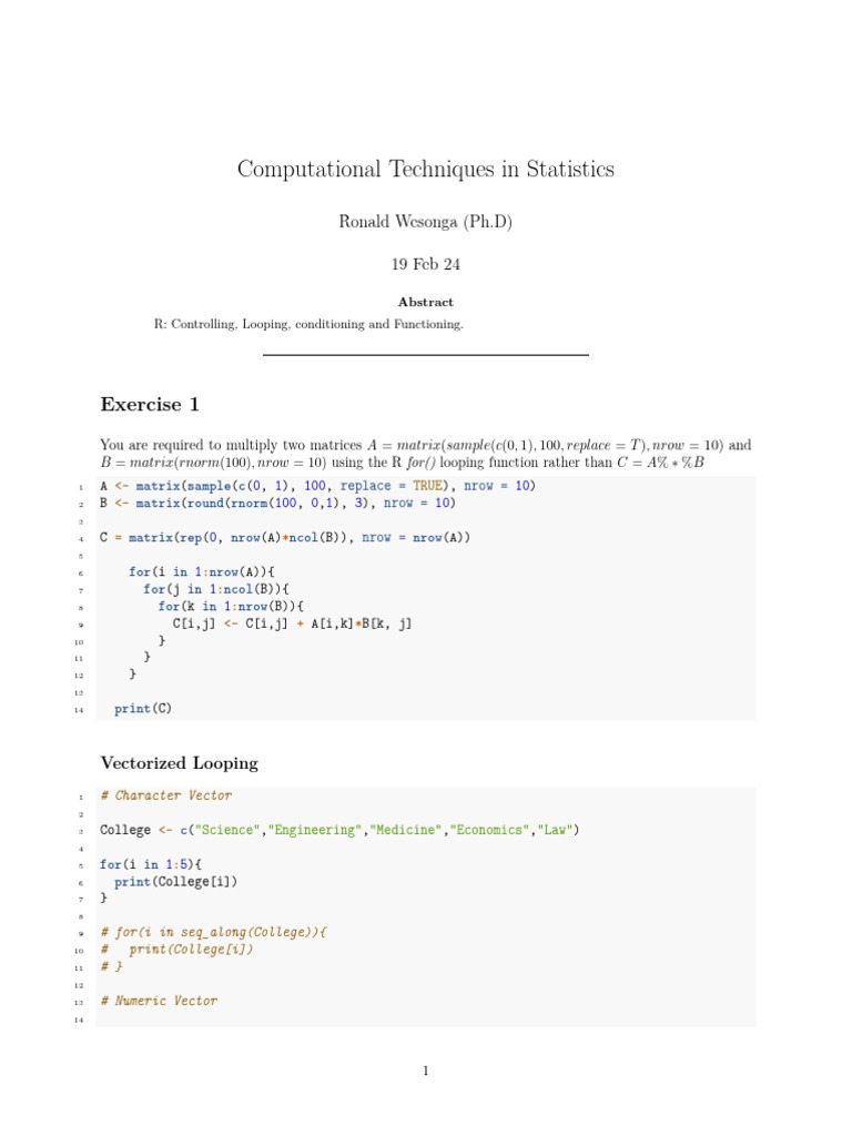 Computational Techniques in Statistics: Exercise 1 | PDF | Matrix (Mathematics) | Matrix Theory